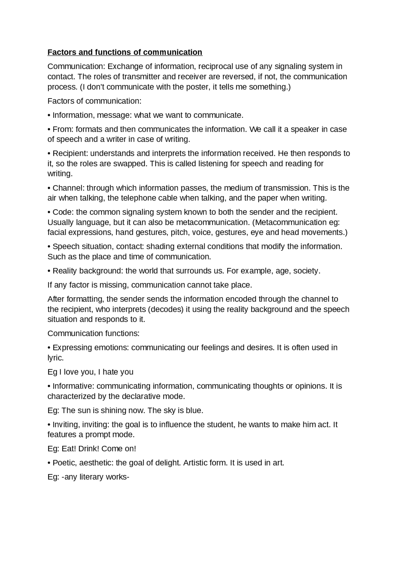 Factors and functions of communication - Docsity