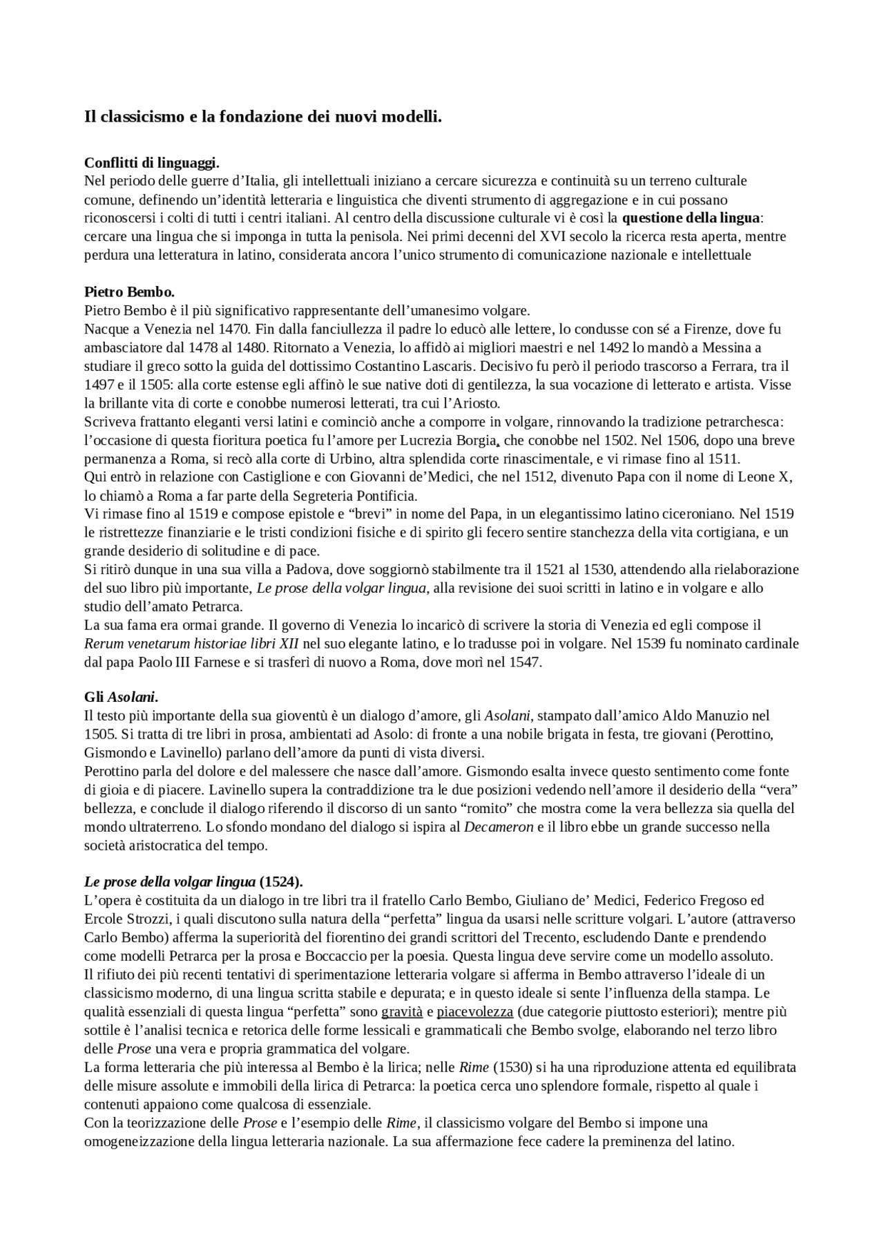 Riassunto Bembo E Classicismo Docsity