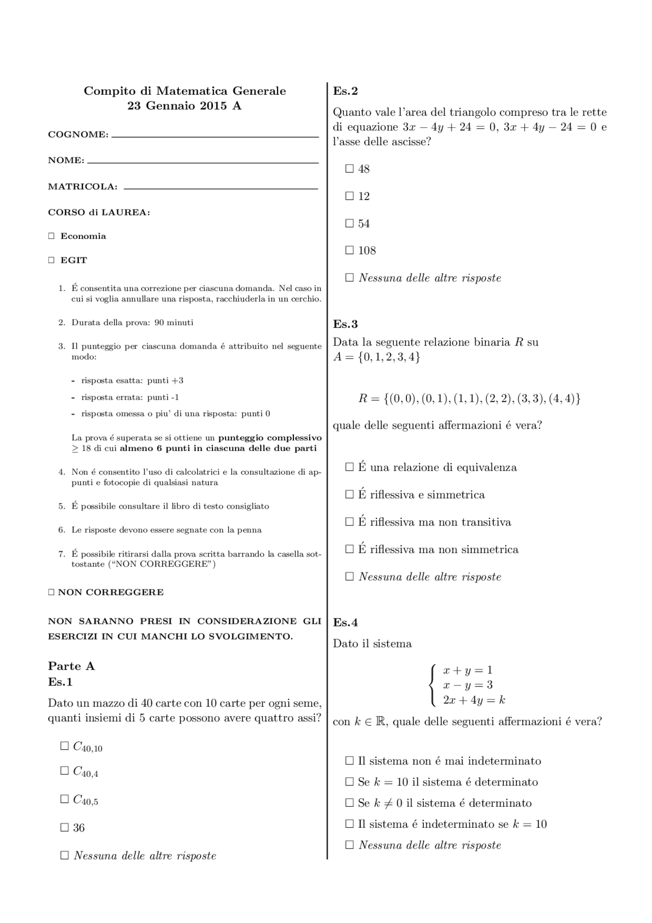 Compiti di Matematica Generale - Docsity