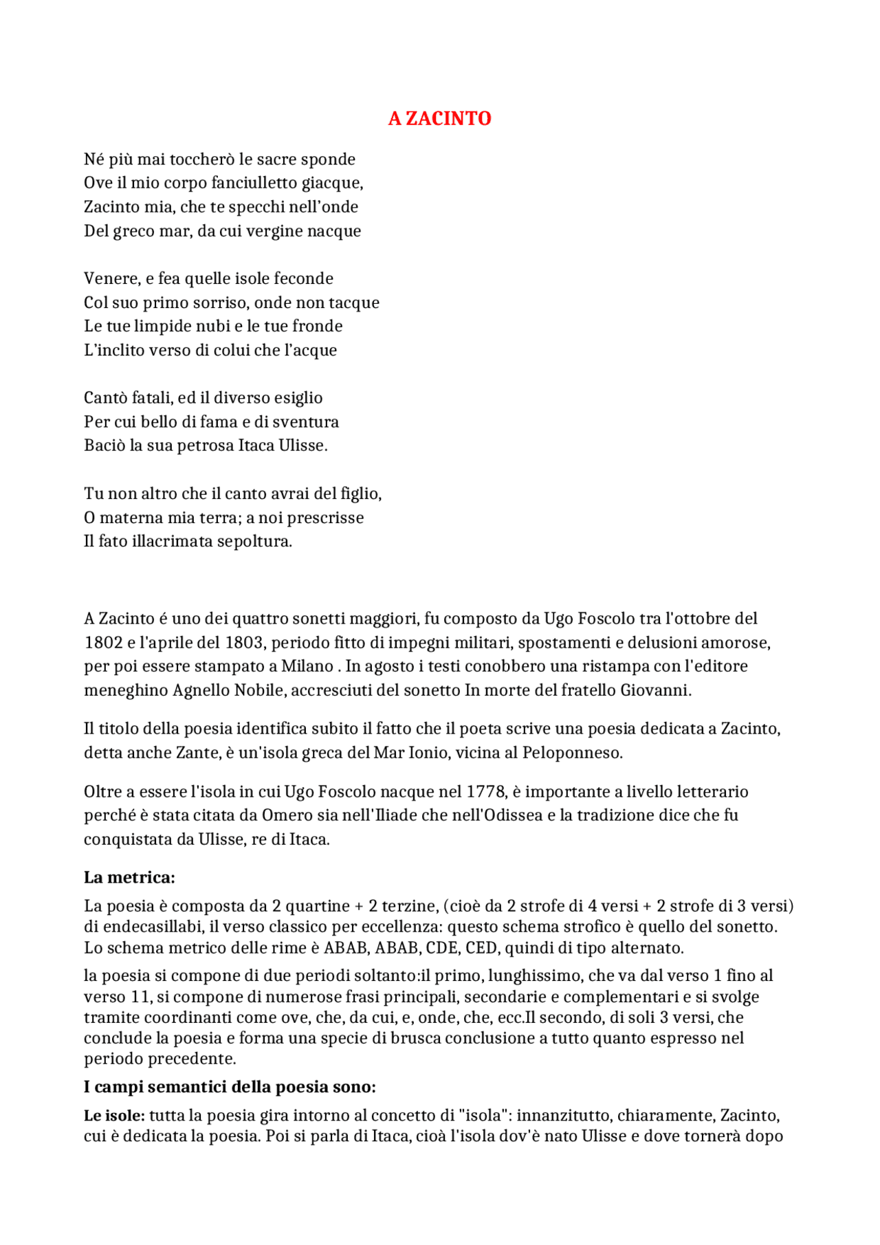A Zacinto Di Ugo Foscolo Docsity