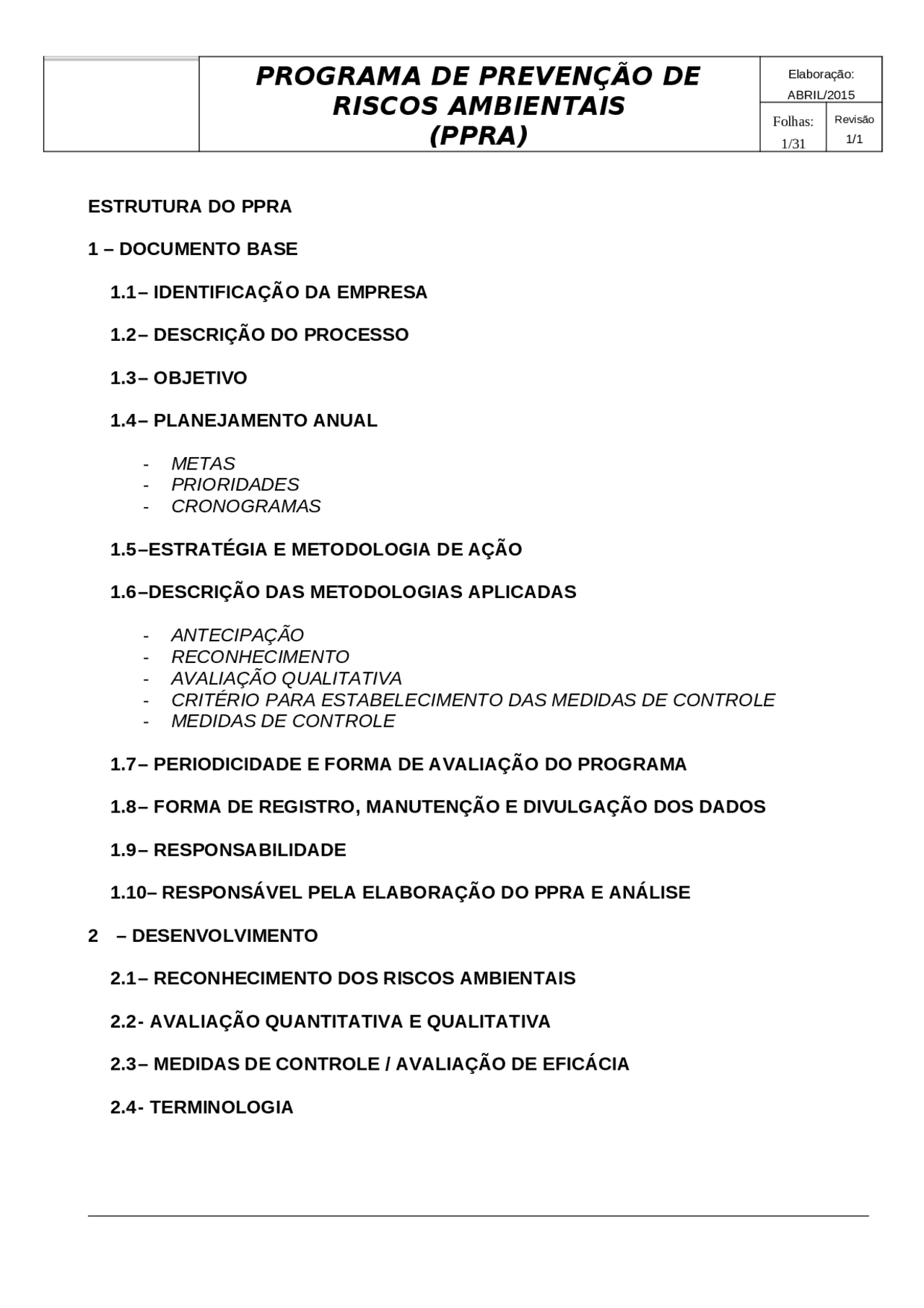 MODELO DE PPRA PROGRAMA DE PREVENÇÃO DE RISCOS AMBIENTAIS - Docsity