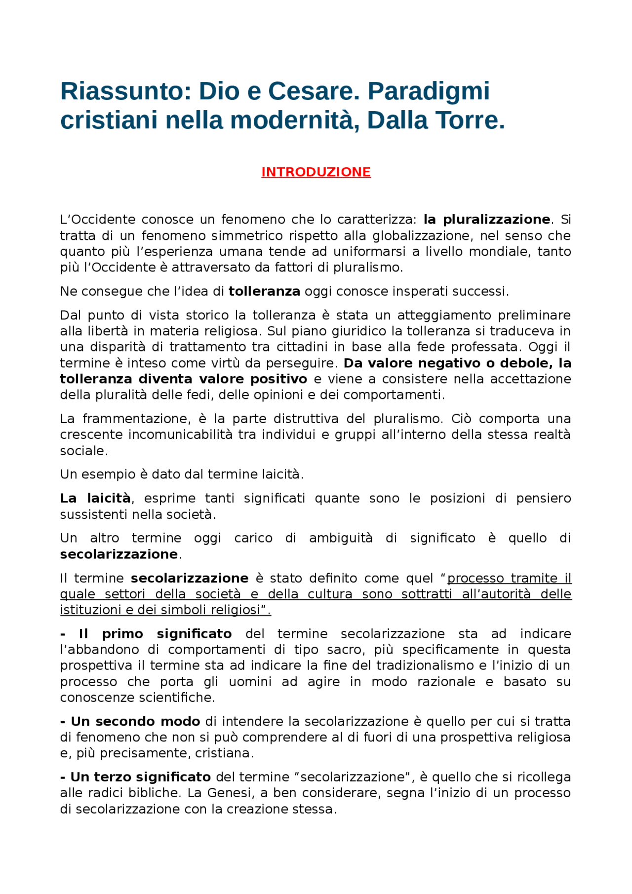 Riassunto Dio E Cesare Paradigmi Cristiani Nella Modernità Docsity