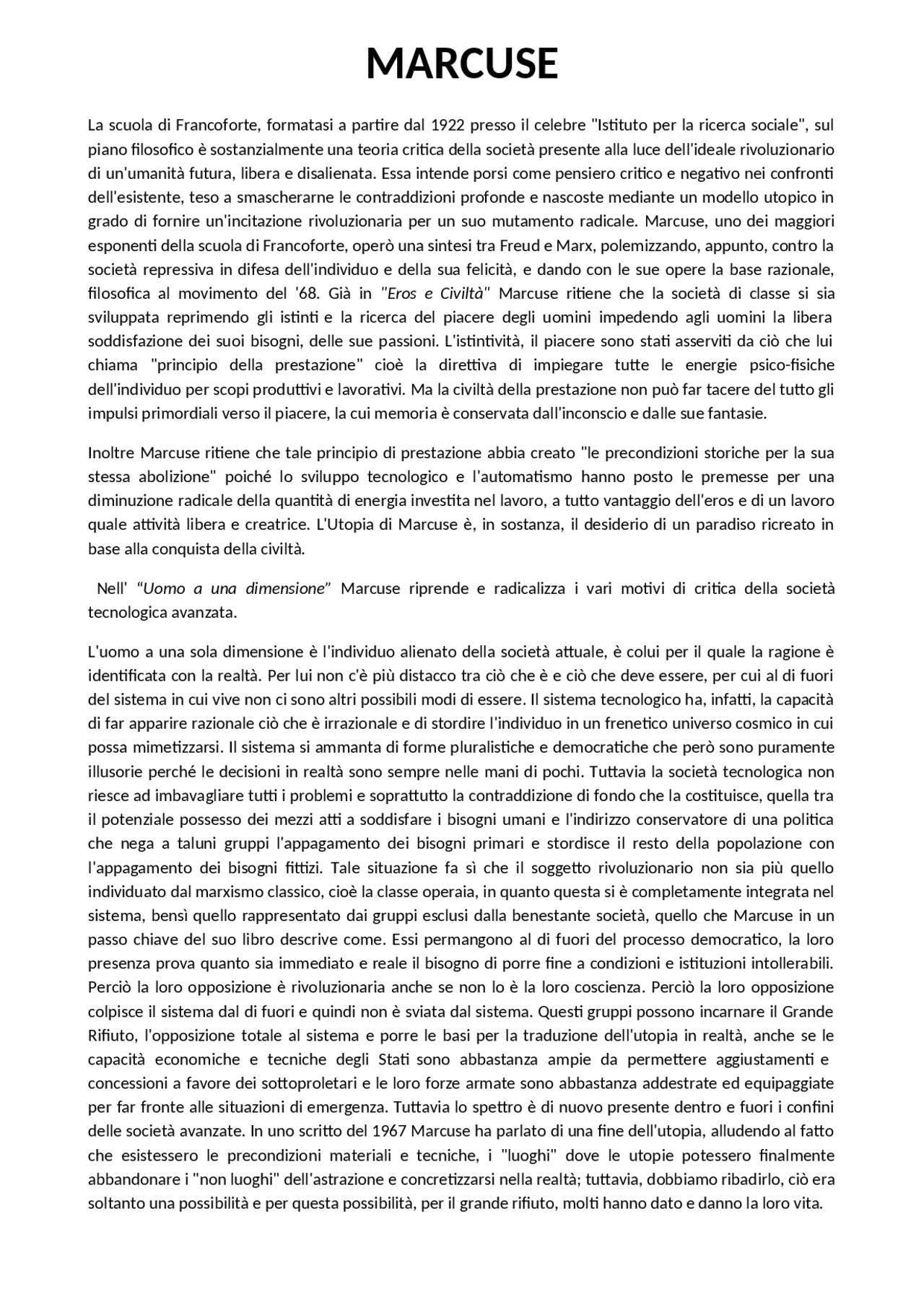 Sintesi Del Pensiero Filosofico Di Marcuse Docsity