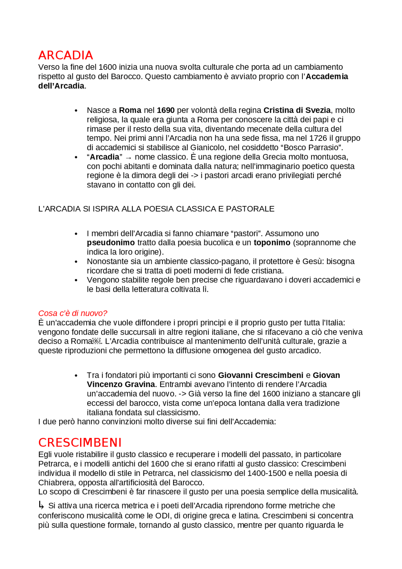 Accademia dell'Arcadia, Crescimbeni e Gravina - Docsity