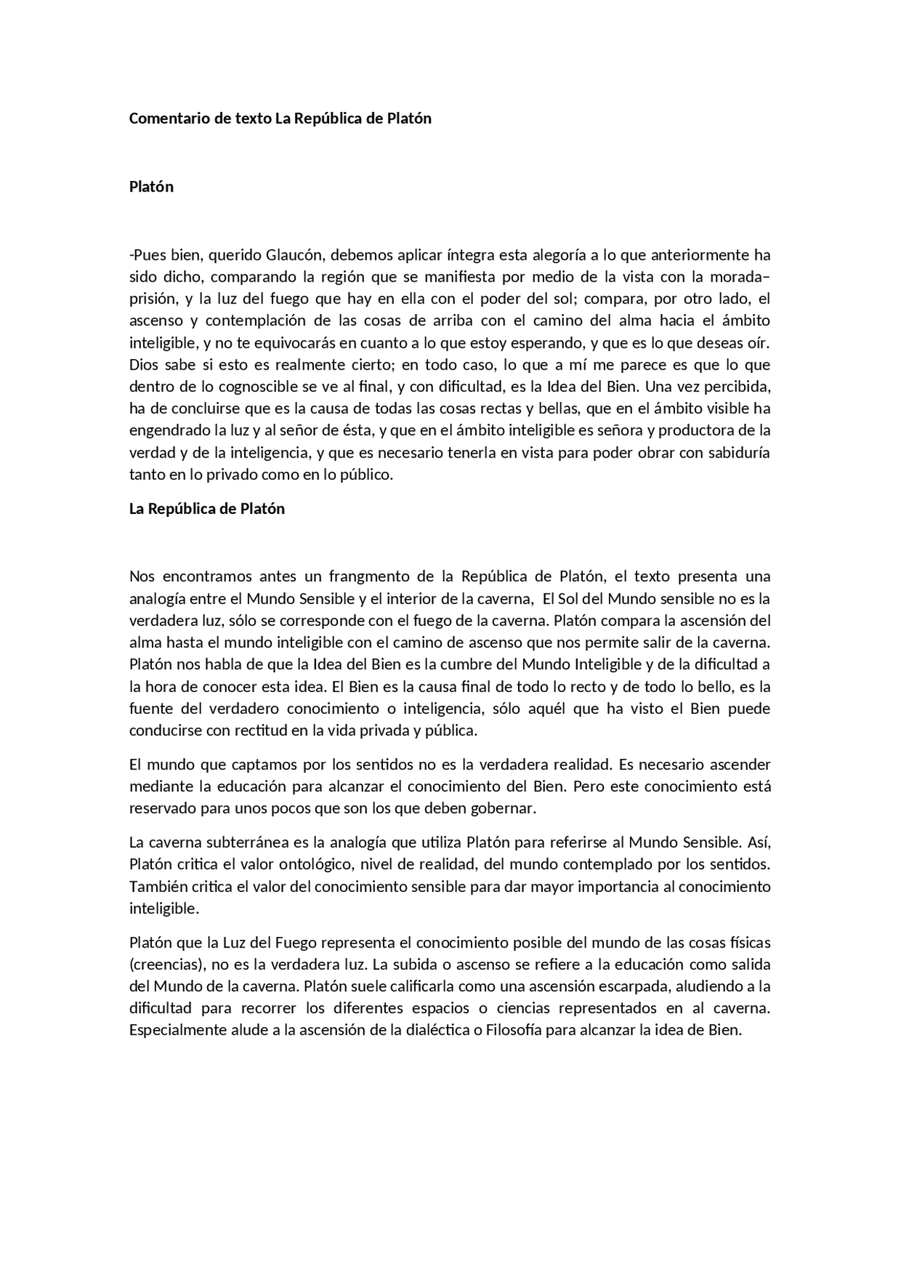Comentario de texto Platón (La República de Platón) | High school final ...