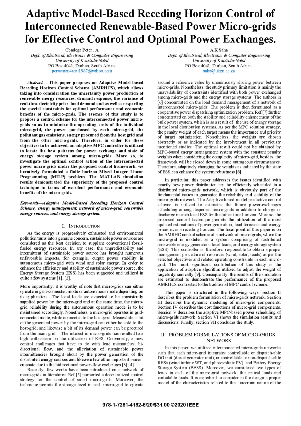 Adaptive Model Based Receding Horizon Control Of Interconnected