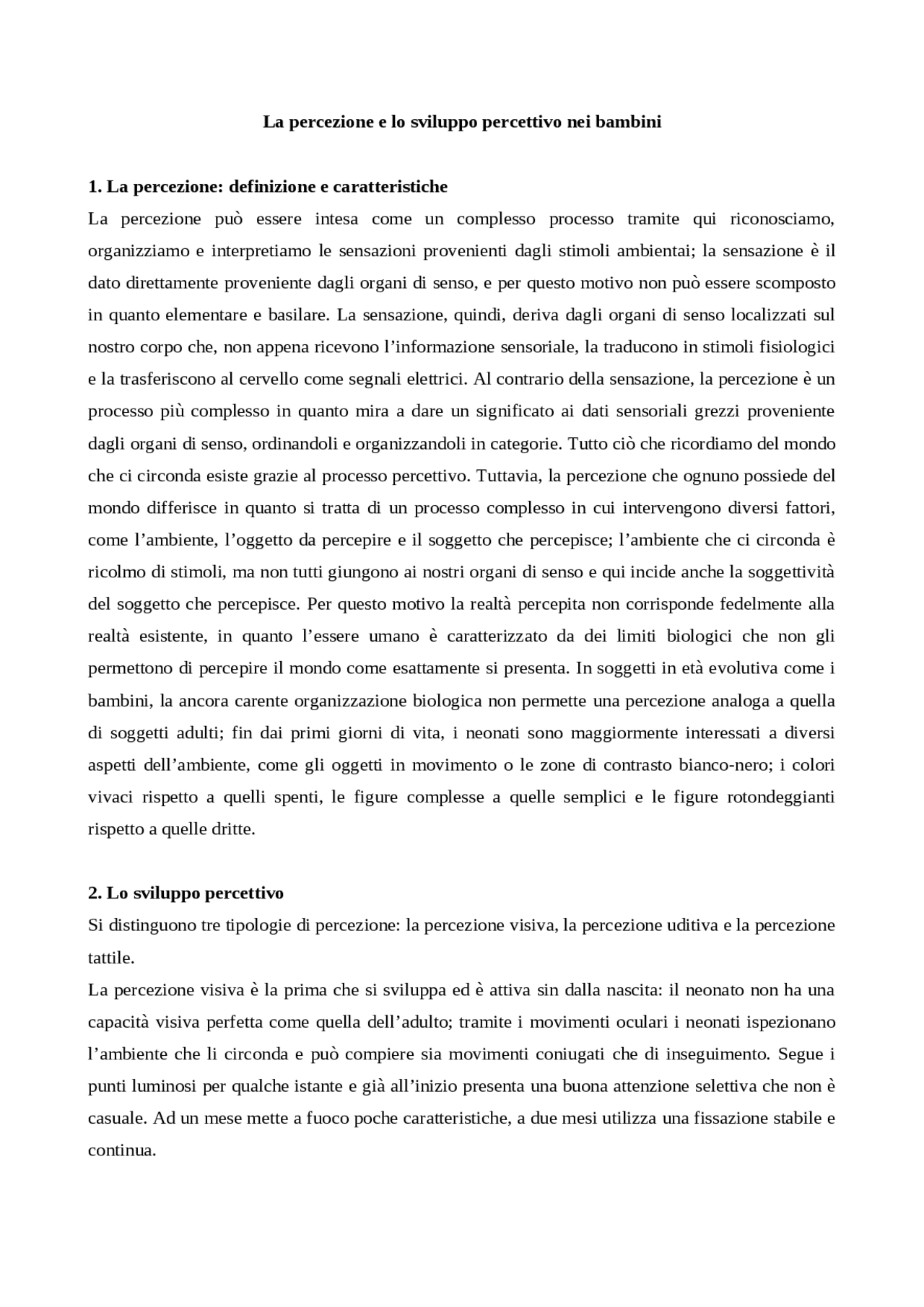 Lo Sviluppo Percettivo Nei Bambini Docsity
