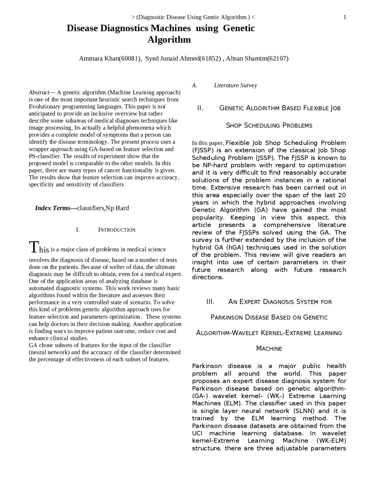 Disease Diagnostic Machines Using Genetic Algorithm Docsity
