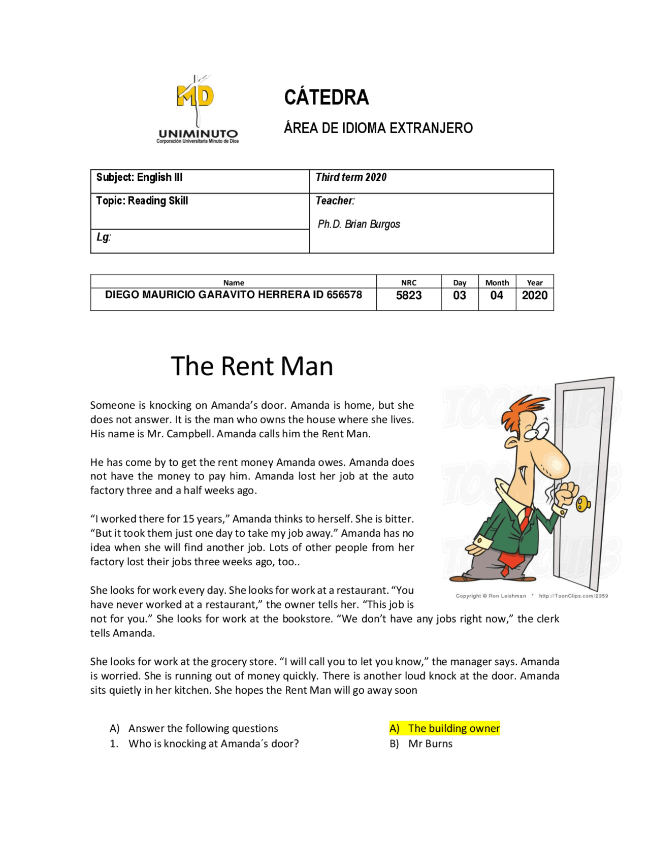 THE RENT MAN EXERCISE AND PRACTICE - Docsity