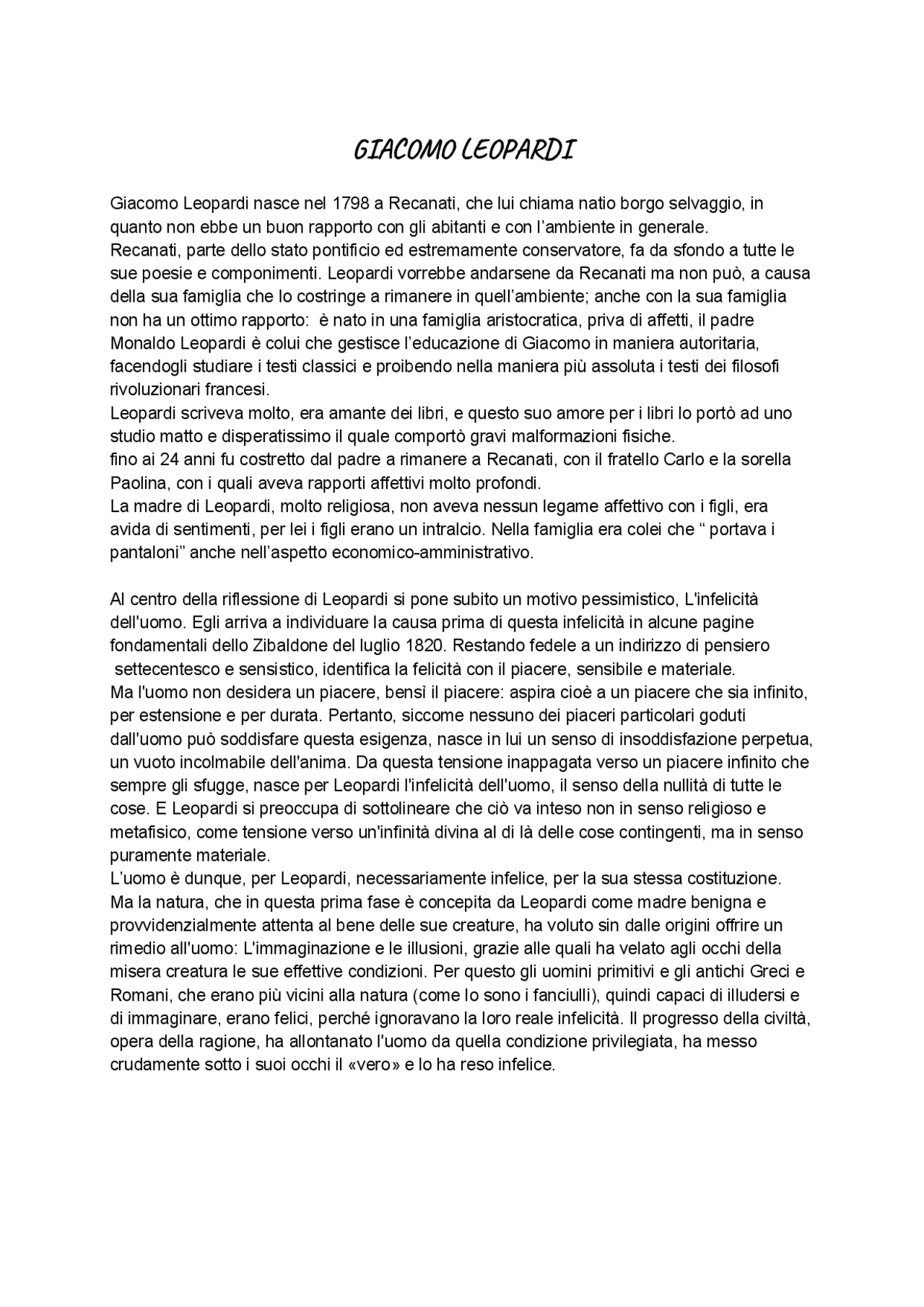 Giacomo leopardi e la sua poetica - Docsity