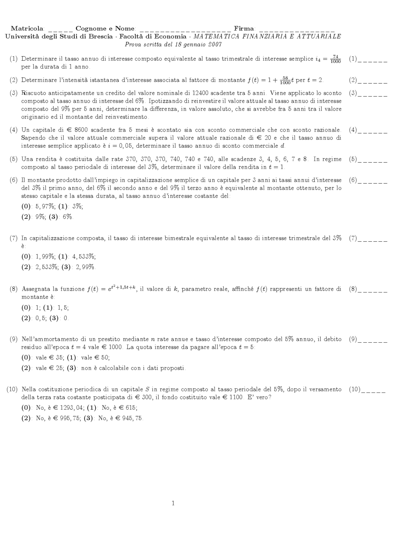 Prova esame matematica finanziaria 18-01 - Docsity