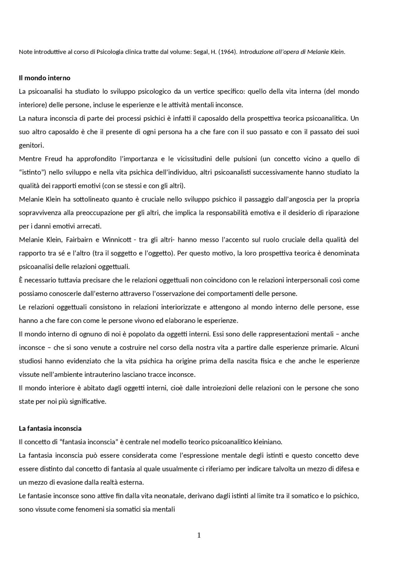 Note Introduttive Di Teorie Psicoanalitiche Kleiniane E Servizio