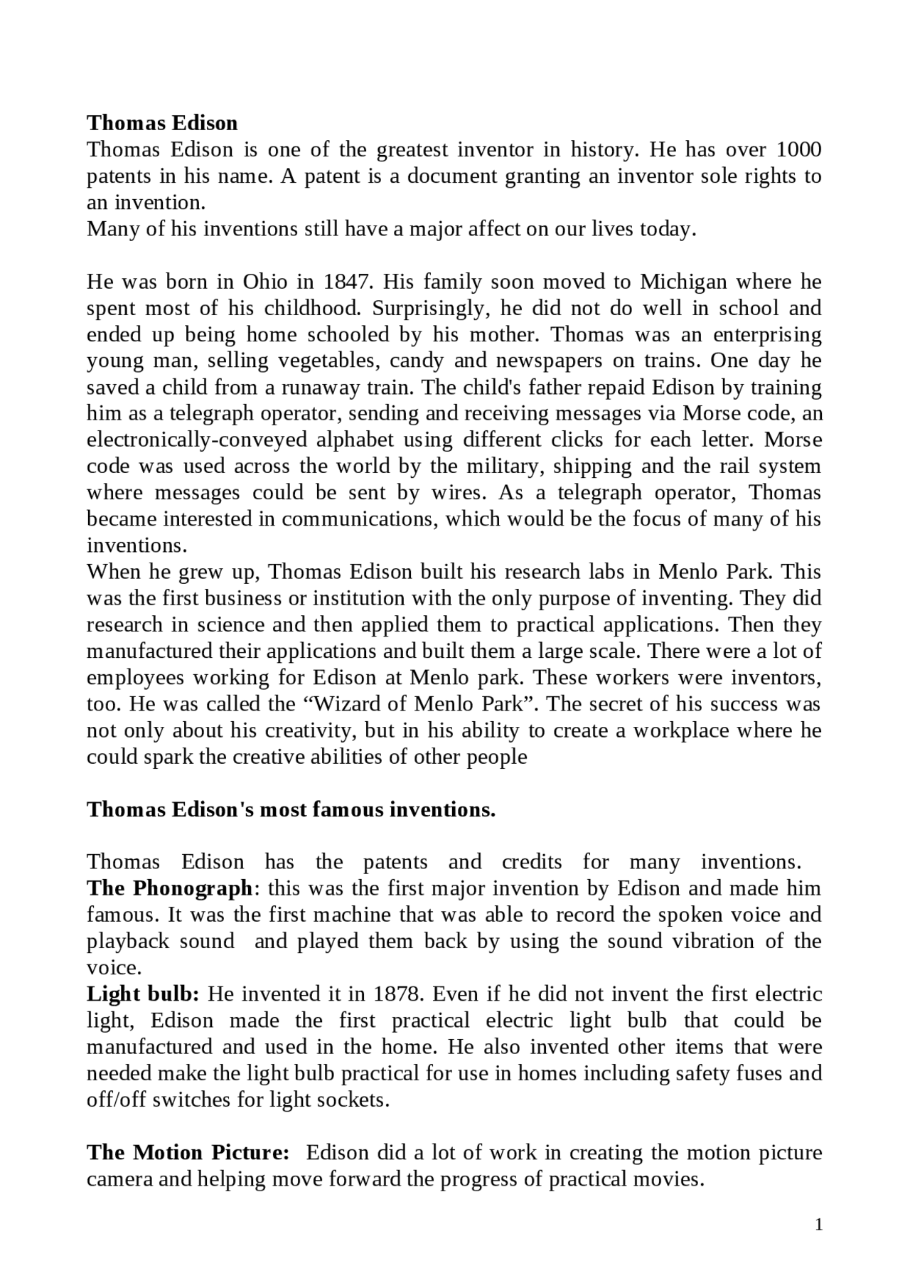 Thomas Edison summary in inglese - Docsity