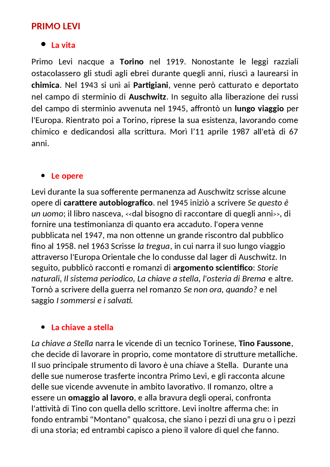 Primo Levi Riassunto Docsity
