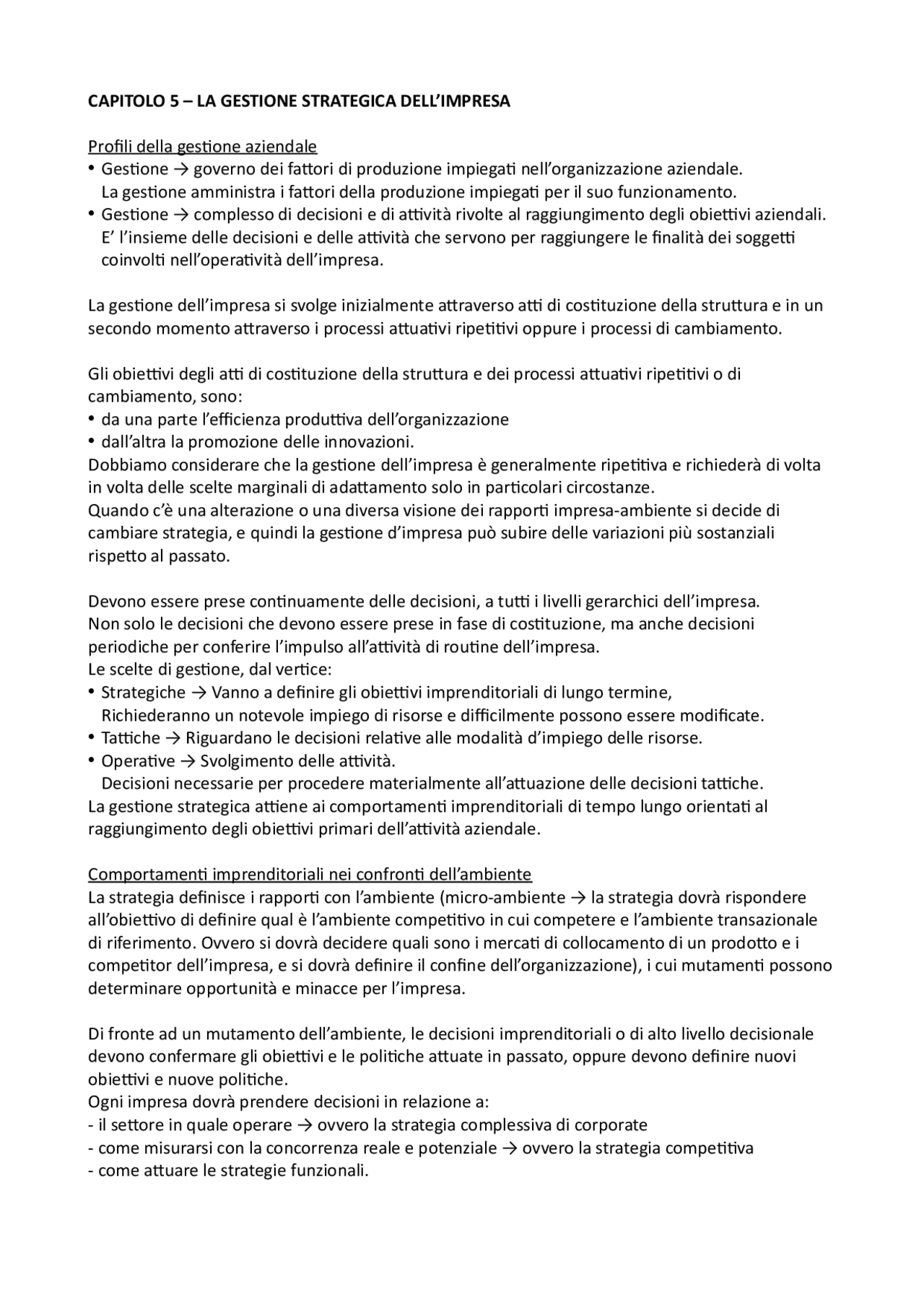 Riassunto Cap 5 La Gestione Strategica Dellimpresa Docsity