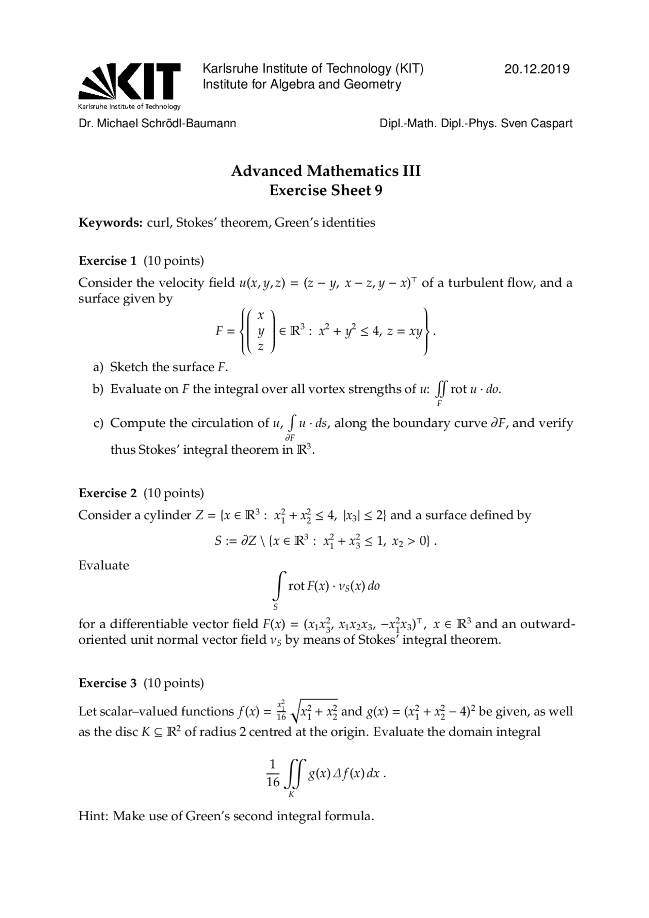 Advanced Mathematics III Schrödl-Baumann Üb. 9 - Docsity