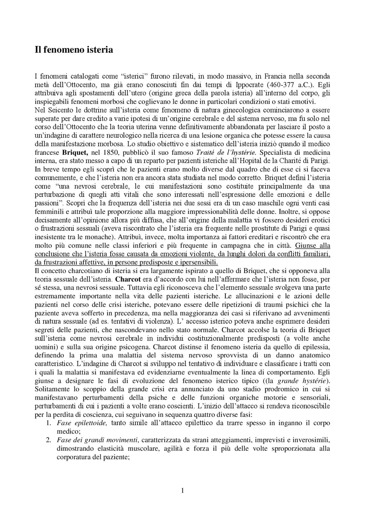 Fenomeno Isteria E Concetto Di Charcot Docsity