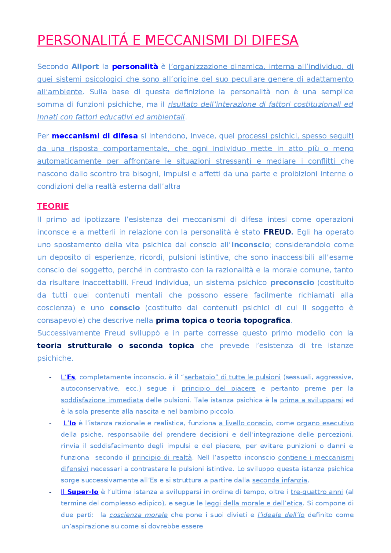 Personalità E Meccanismi Di Difesa Docsity