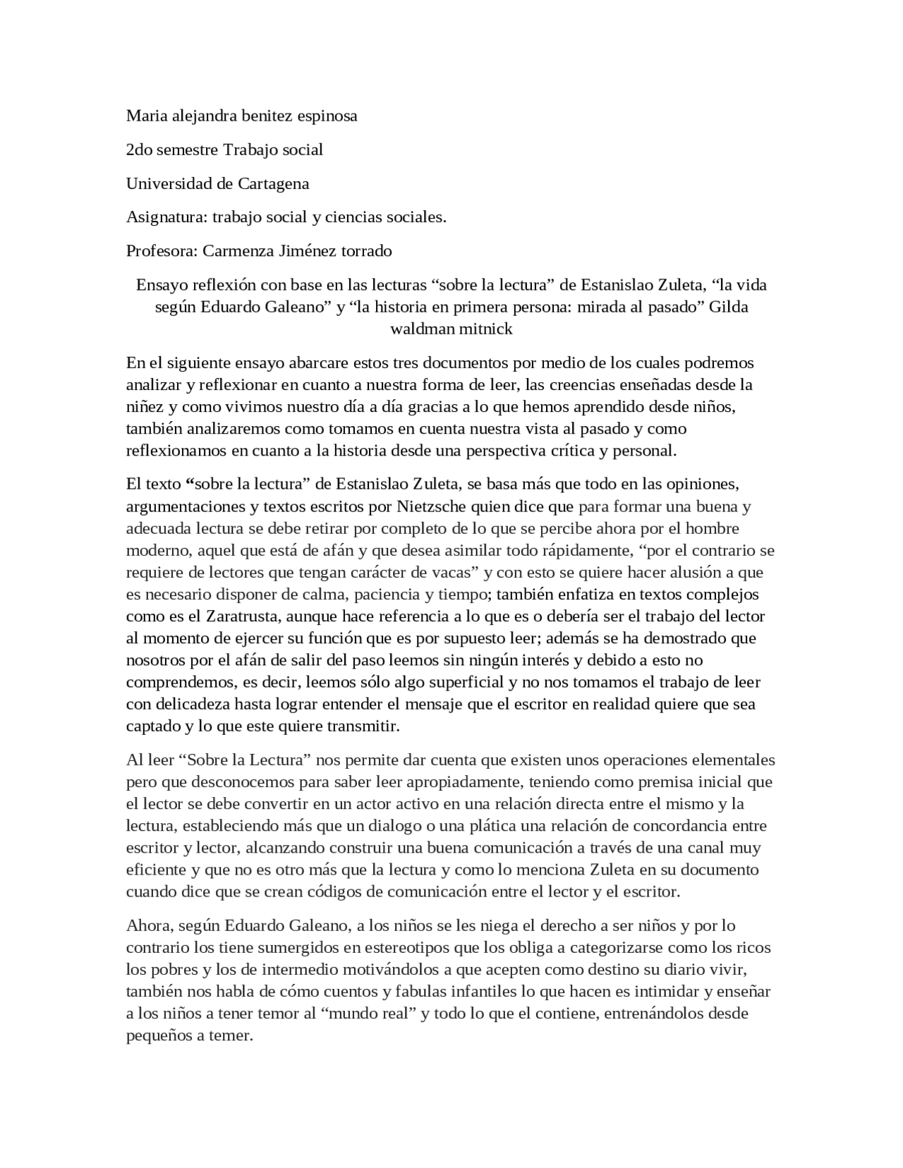 Ensayo de lecturas leídas para la universidad - Docsity