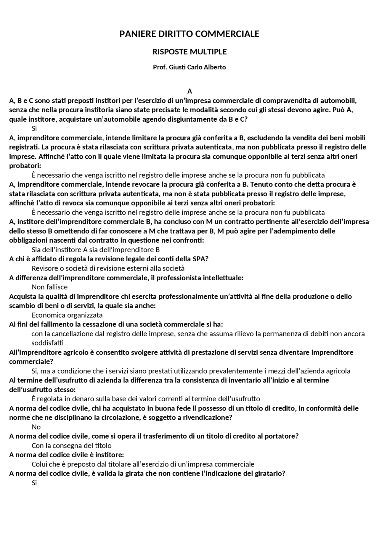 Paniere Diritto Commerciale Multiple Docsity