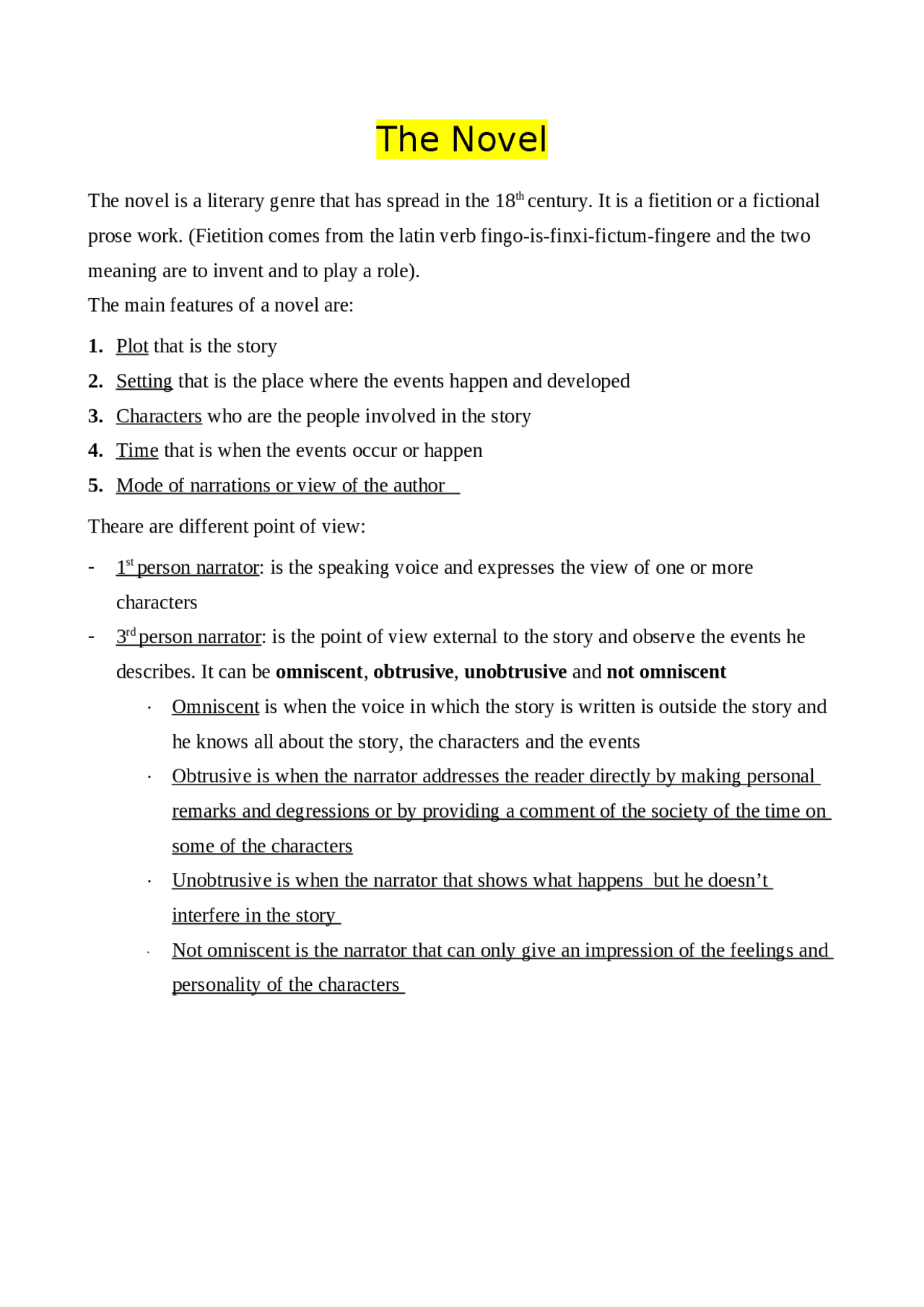 The Novel- Summary English - Docsity