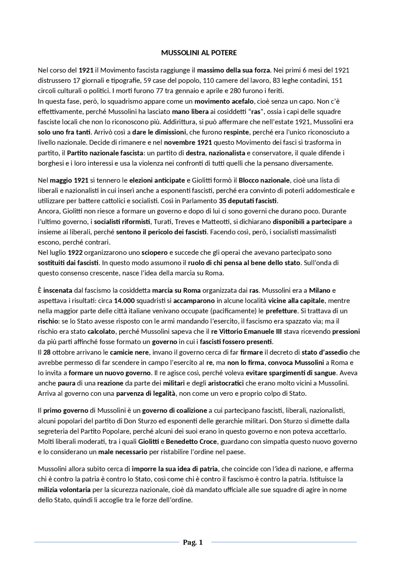 Benito Mussolini al potere - Docsity