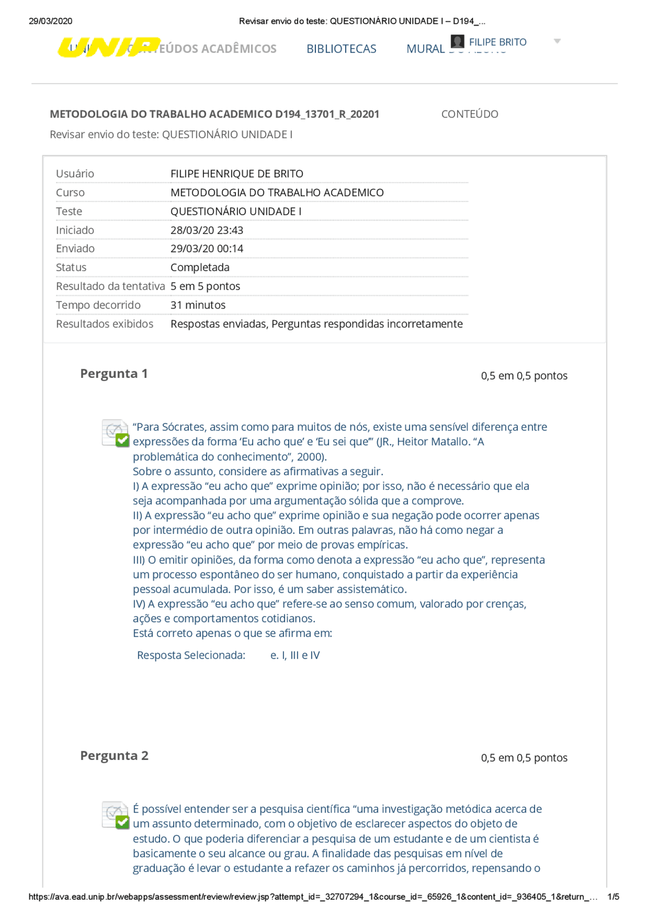Metodologia Do Trabalho Academico 2020 Questionario I Trabalhos