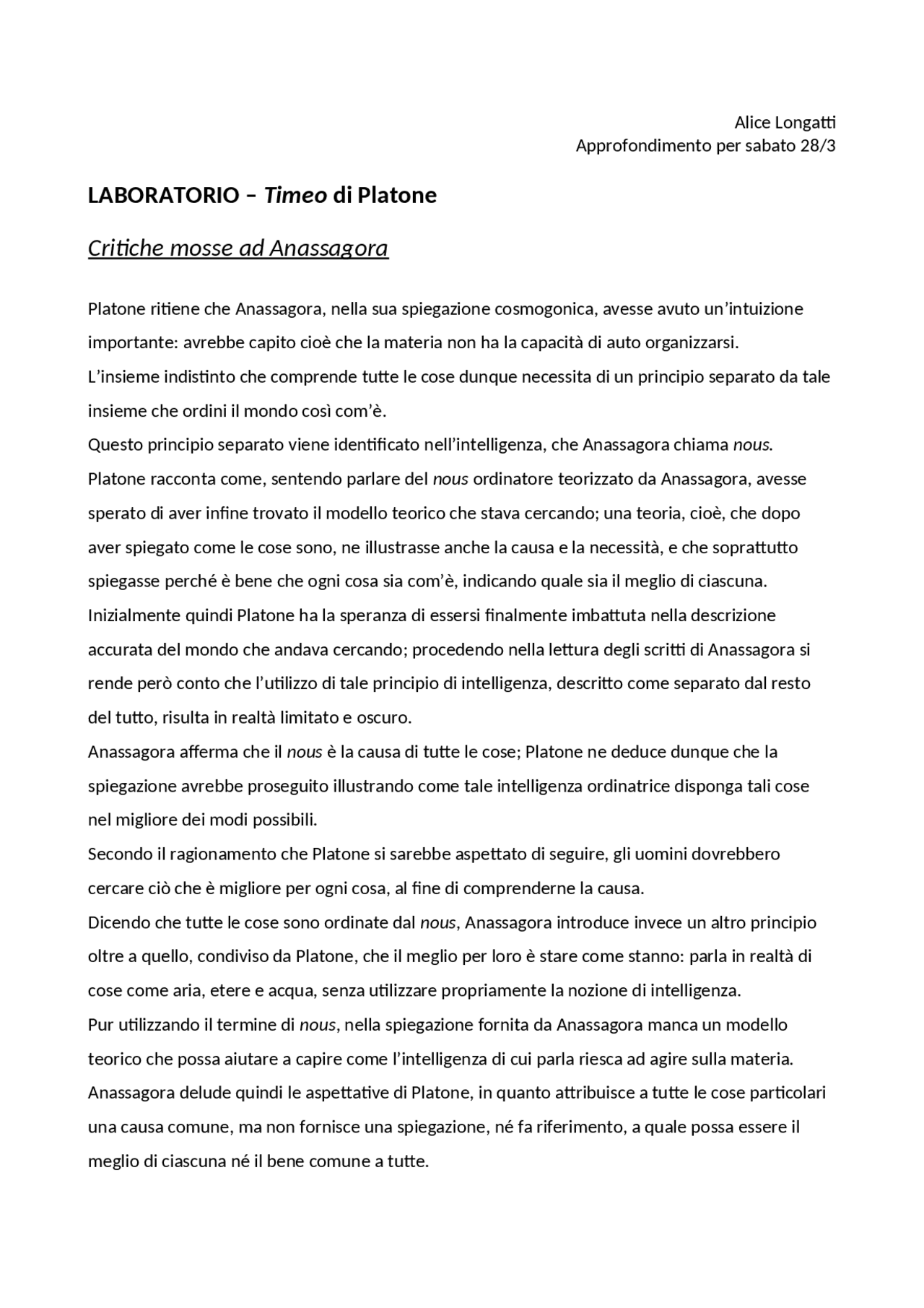 Critiche mosse da Platone ad Anassagora | Sintesi del corso di ...