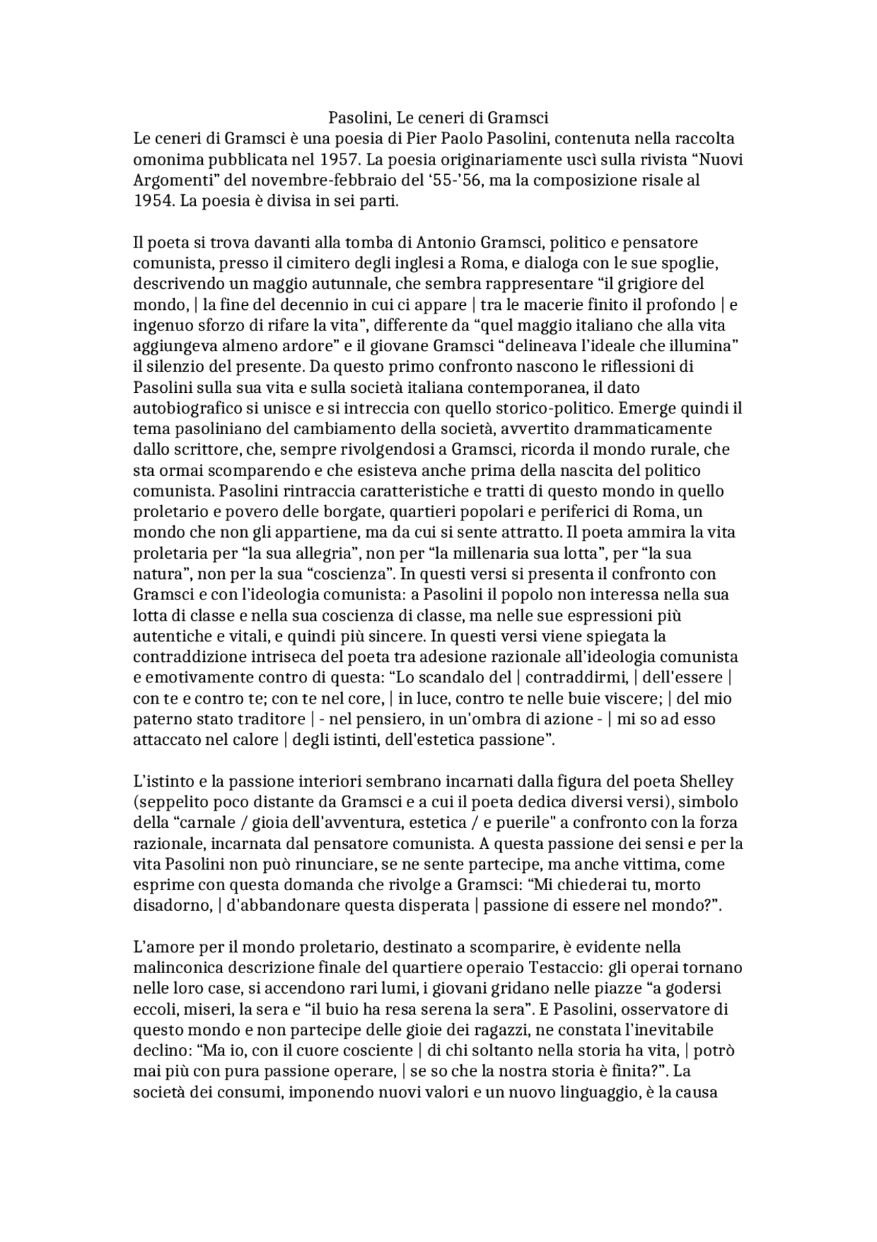 Pasolini, Cenere di Gramsci. | Appunti di Italiano | Docsity