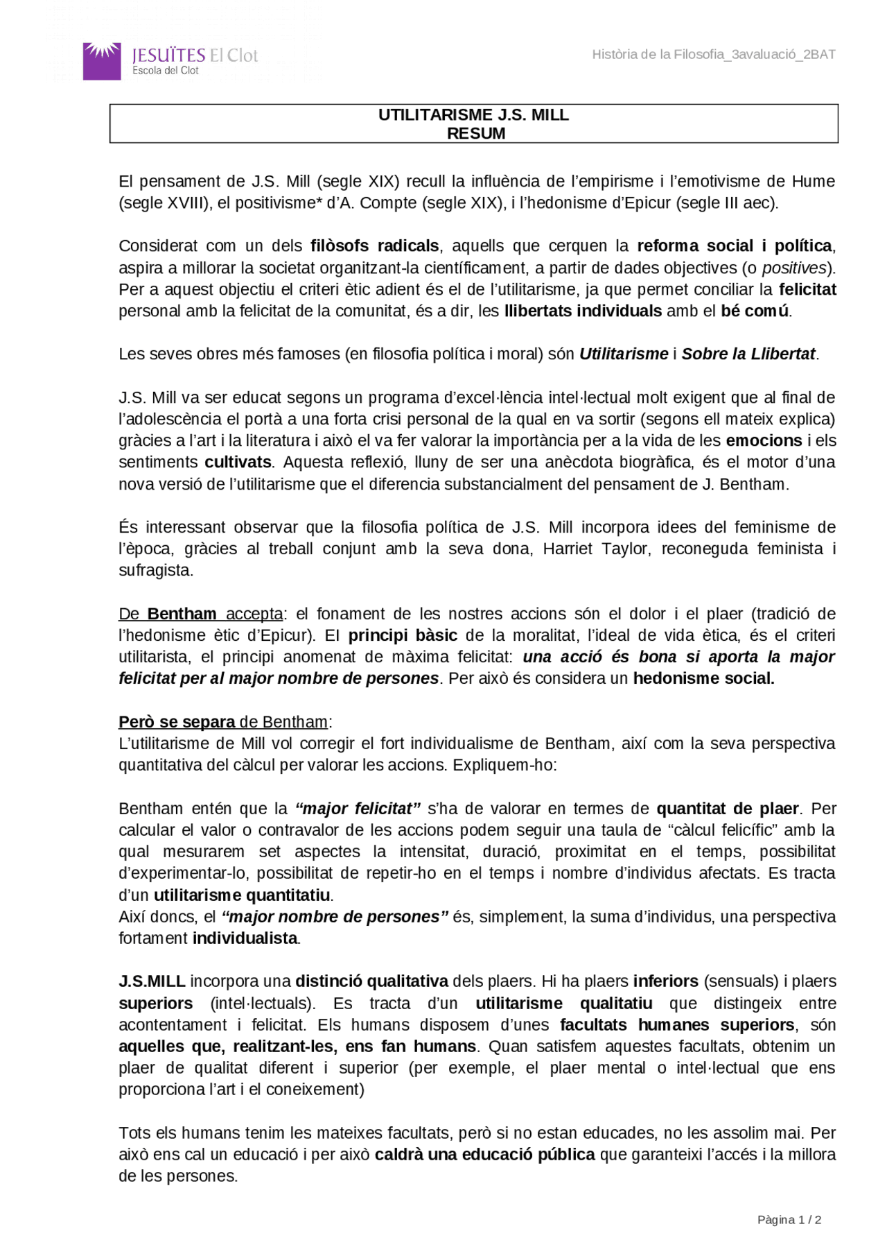 Apunts selectivitat Utilitarisme Mill - Docsity