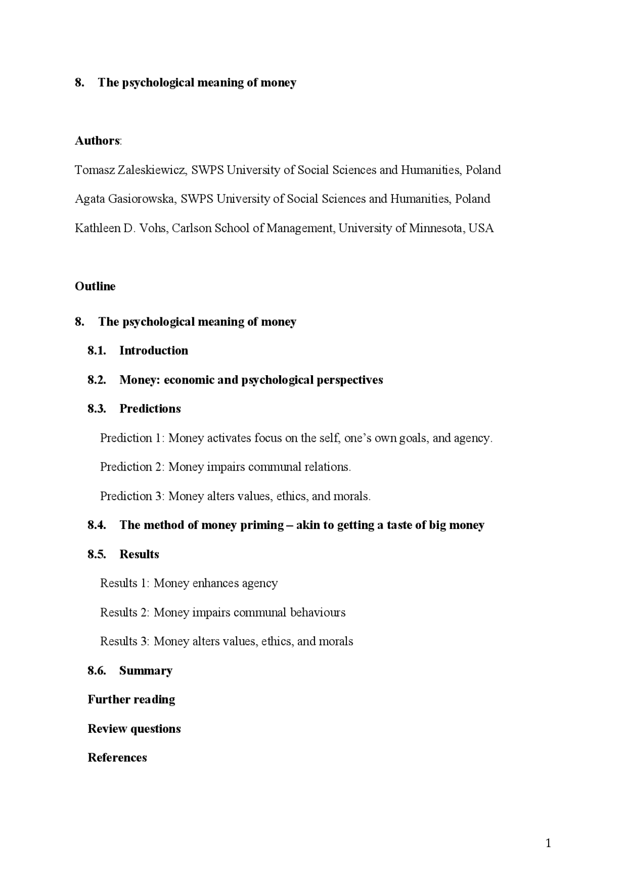 Effetti principali del money priming - Docsity