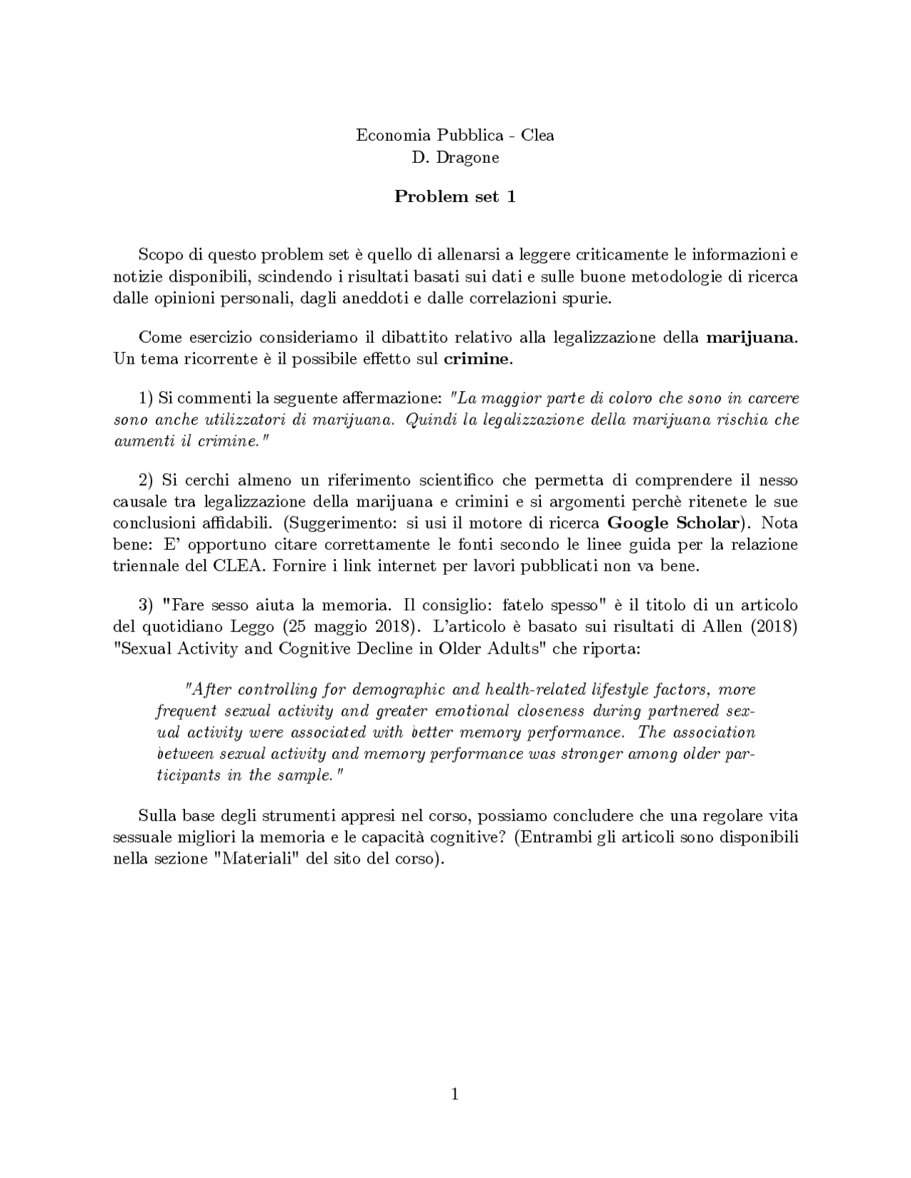 Problem Set Economia Pubblica Docsity