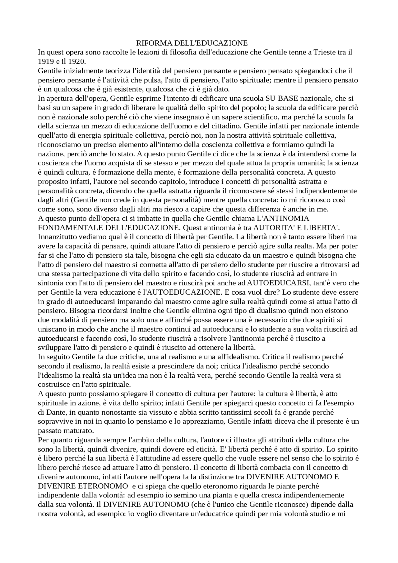 Riforma Delleducazione Giovanni Gentile Docsity