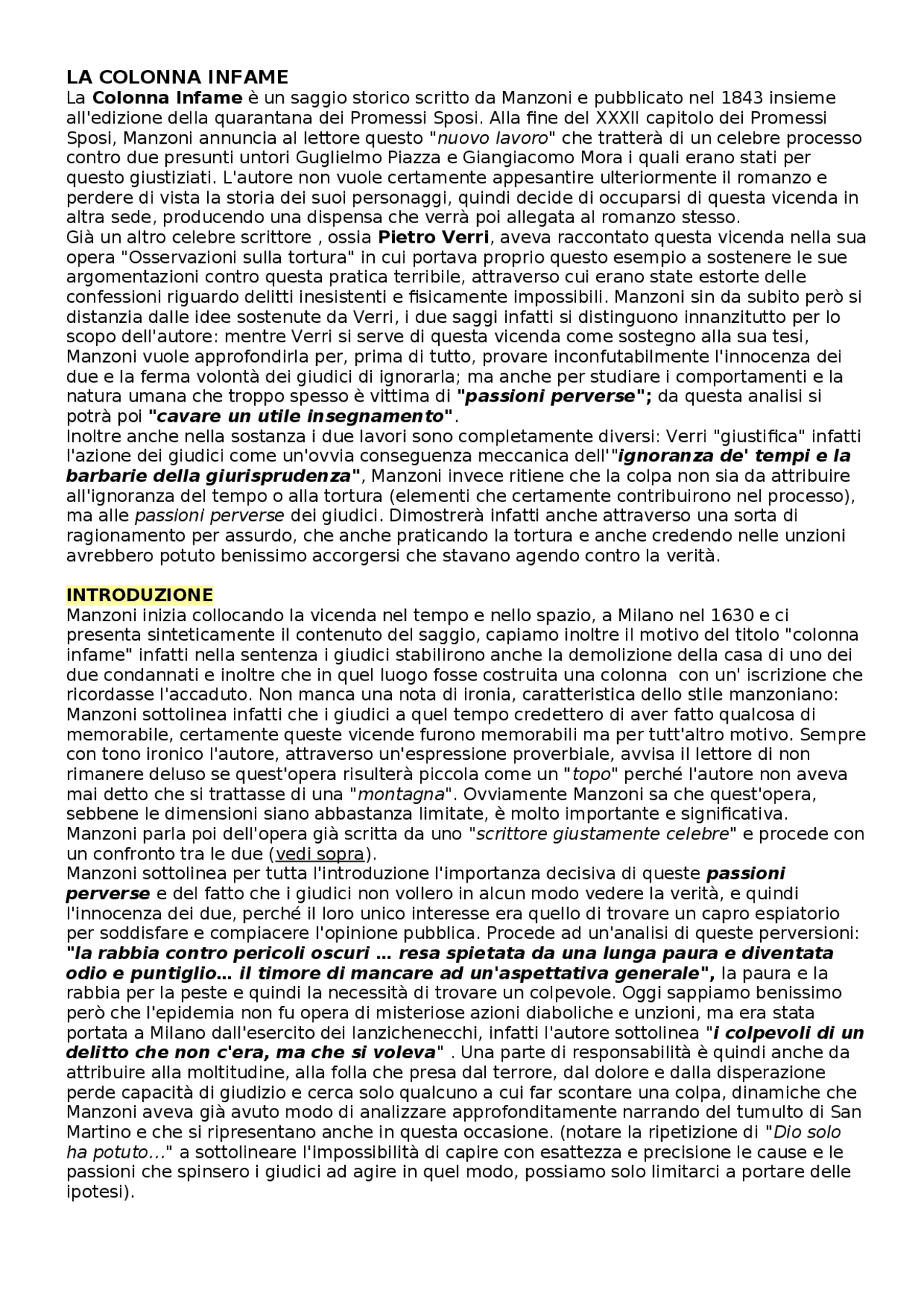 La Colonna Infame, Alessandro Manzoni - Docsity