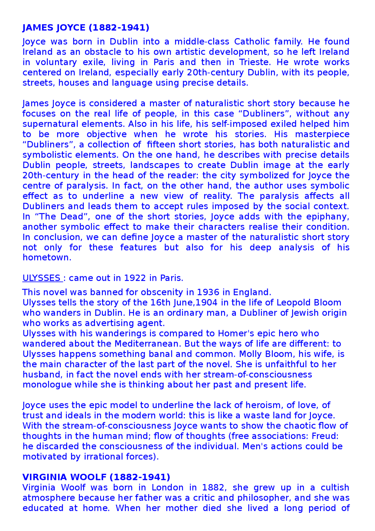 James Joyce and Virginia Woolf - Docsity