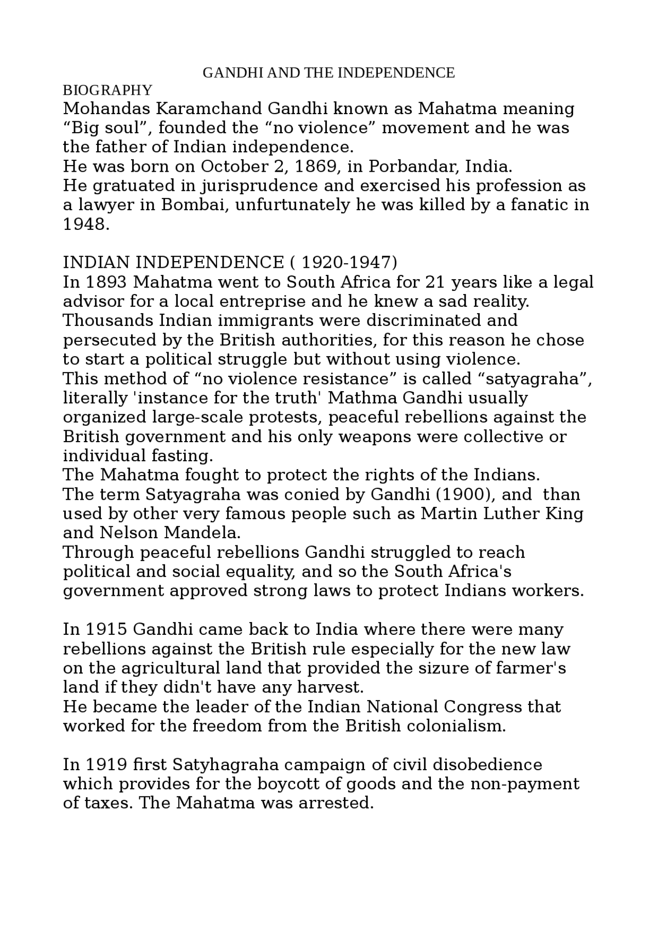 Gandi e l'indipendenza, in inglese - Docsity