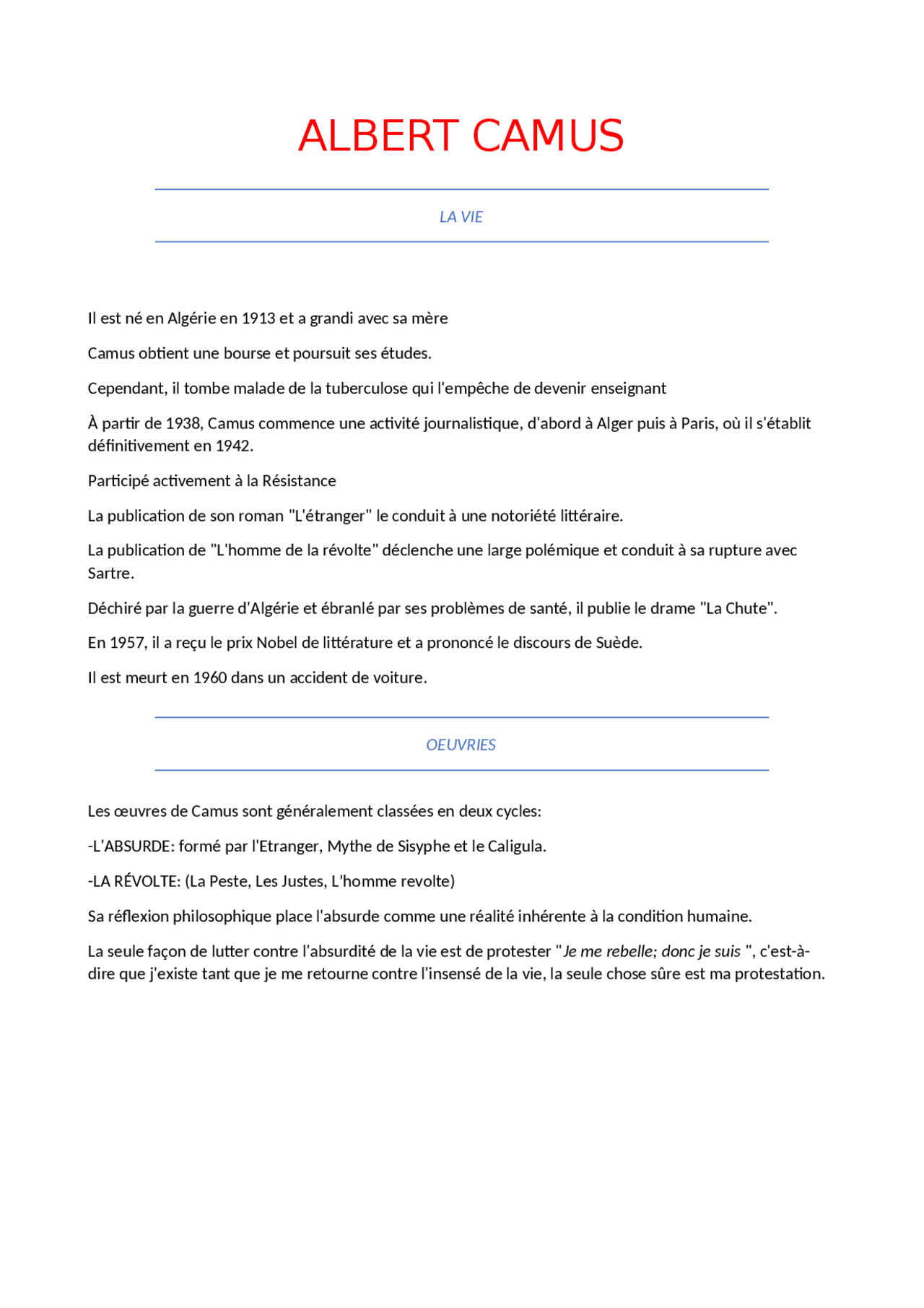Riassunto Albert Camus In Francese Docsity