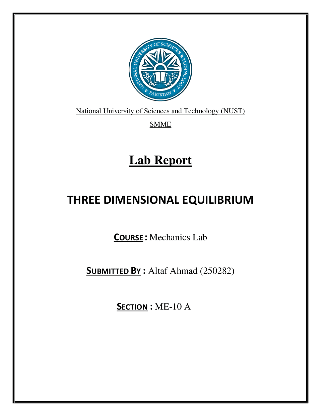 Lab Report - 3D Equilibrium Engineering Dynamics - Docsity