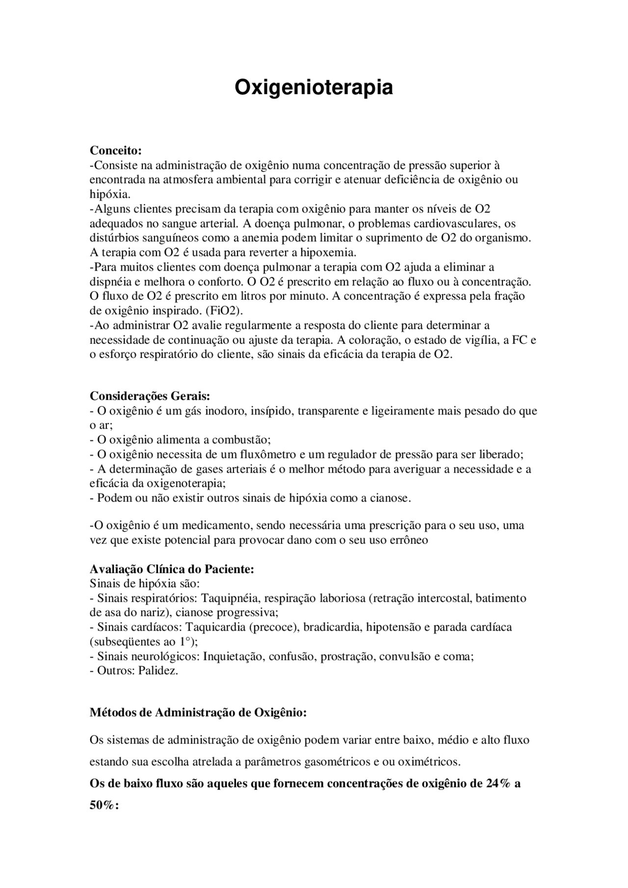 Manuseio da enfermagem na Oxigenoterapia | Apuntes de Semiología | Docsity