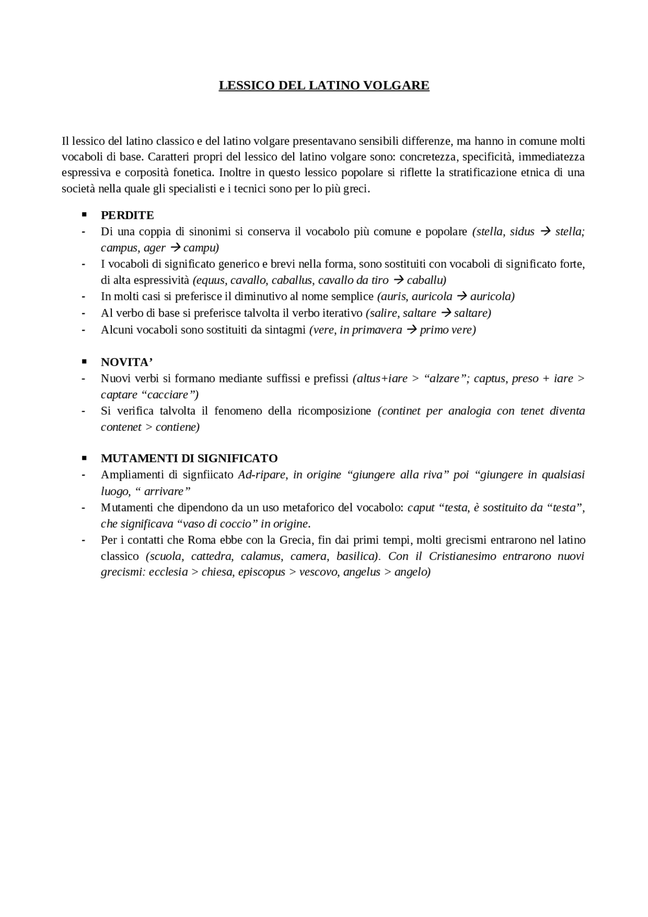 STORIA DELLA LINGUA ITALIANA - LESSICO LATINO VOLGARE - Docsity