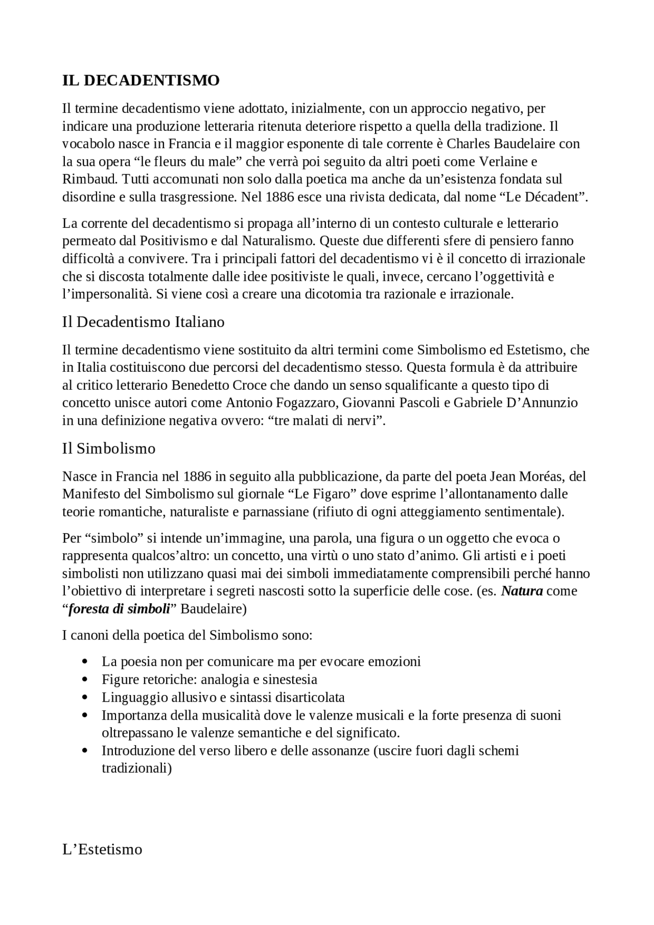 Temi E Caratteristiche Principali Del Decadentismo Docsity