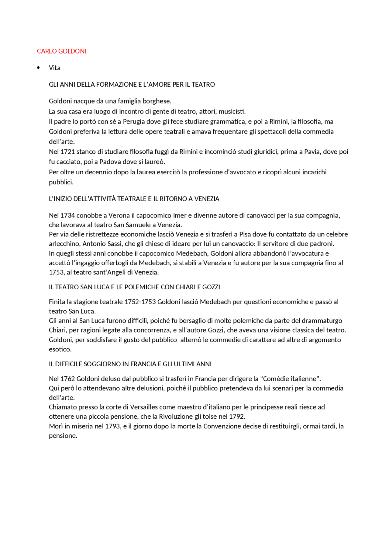 Riassunto Carlo Goldoni Docsity