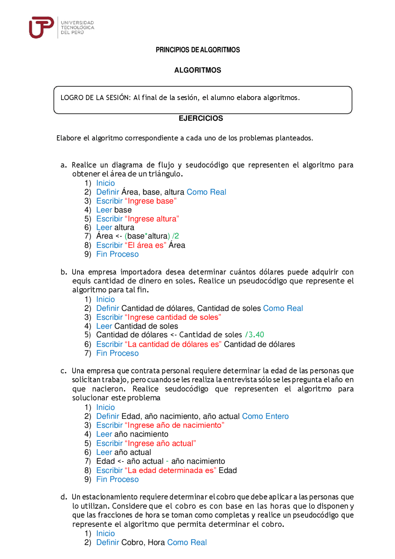 Ejercicios De Algoritmos De La Utp Docsity