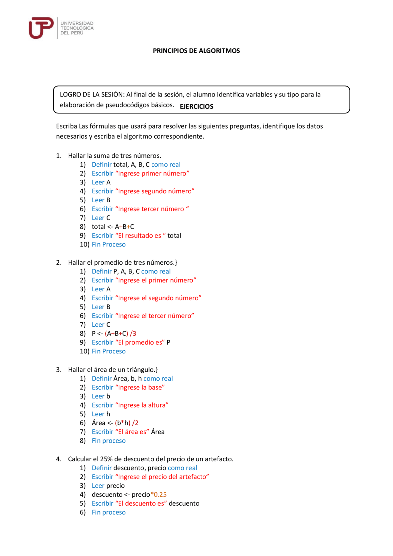 EJERCICIOS DE ALGORITMOS DE LA UTP | Ejercicios de Diseño de Algoritmos - Docsity