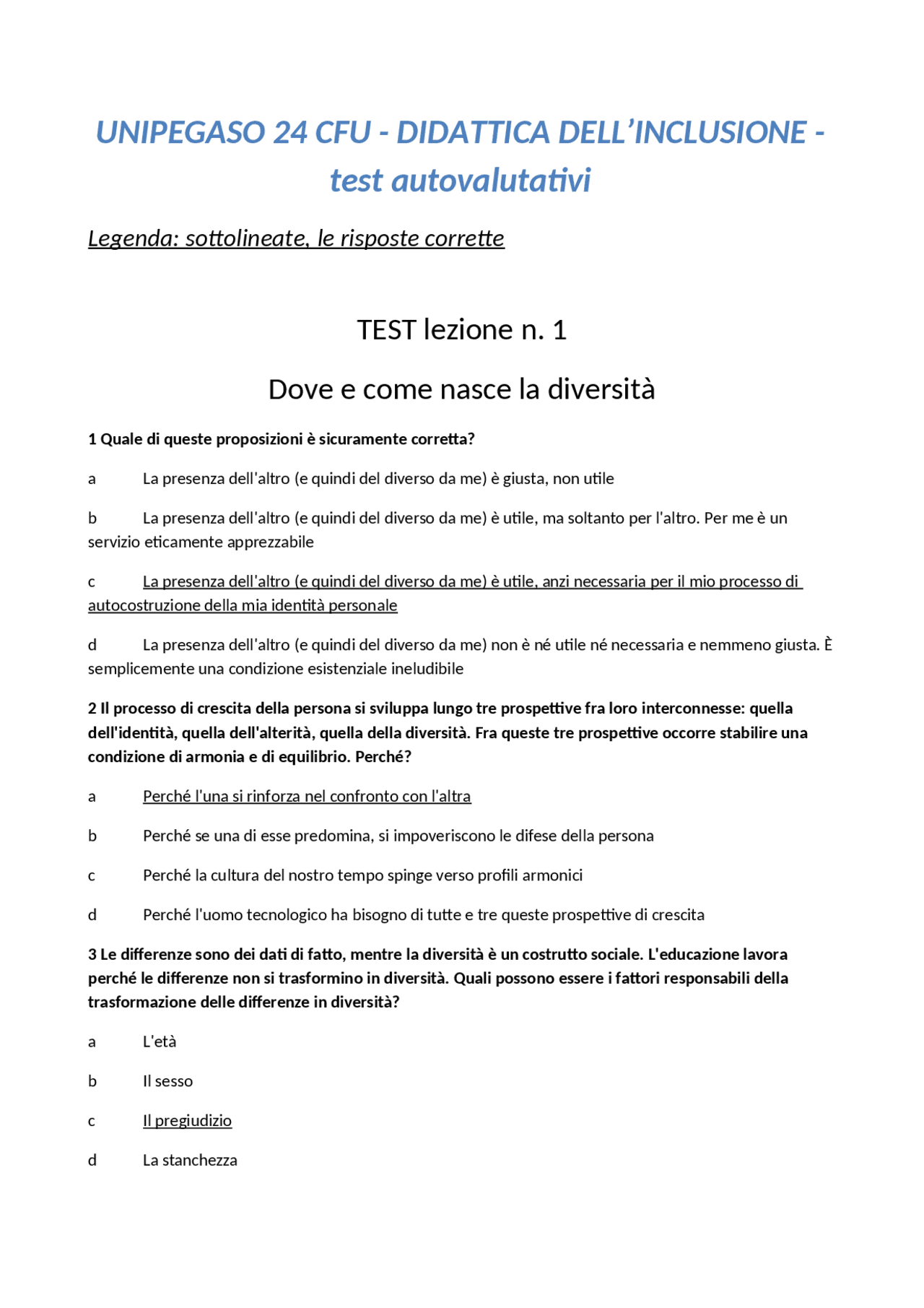 Unipegaso 24 Cfu Didattica Inclusione Test Autovalutativi Docsity