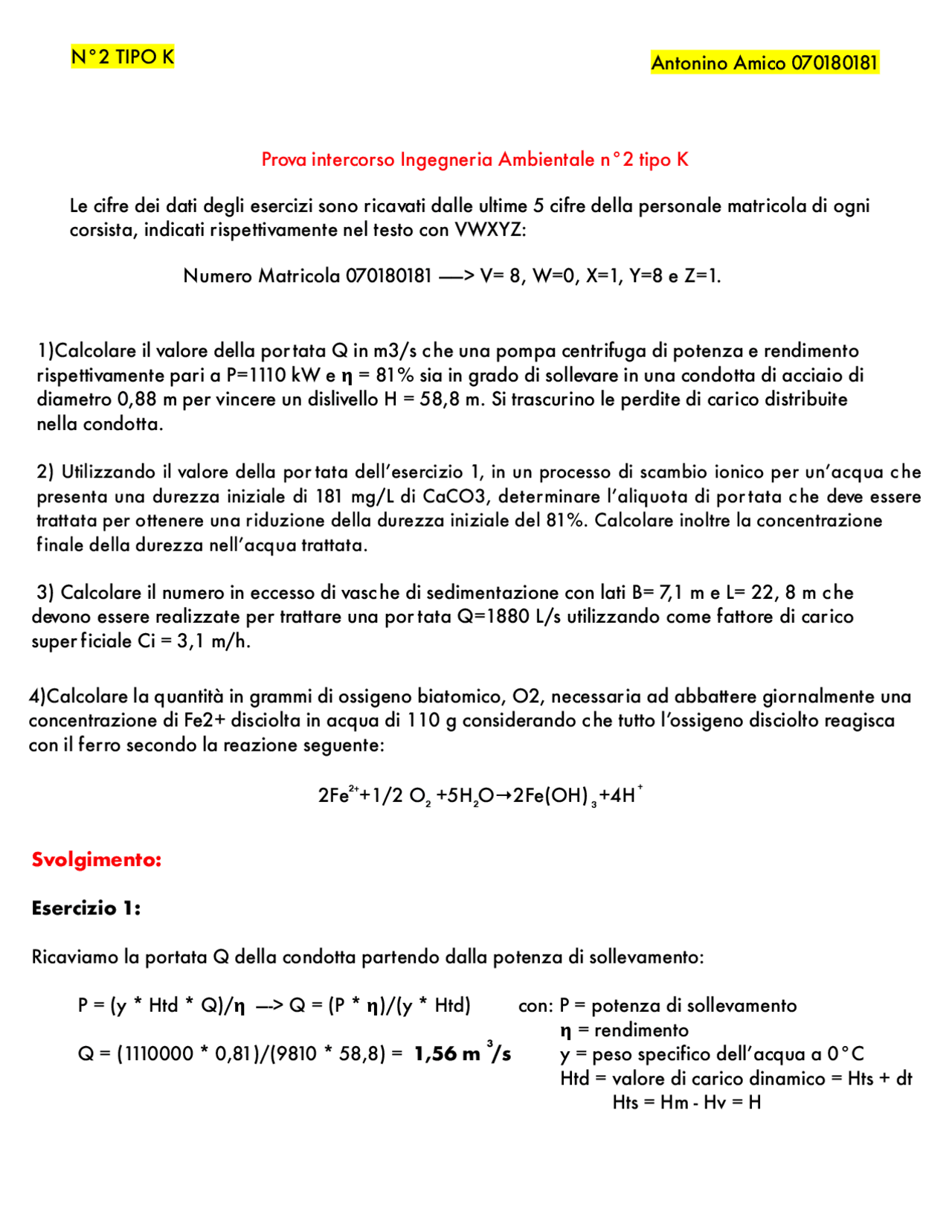 Elaborato Di Ingegneria Ambientale N°2 Tipo K Docsity