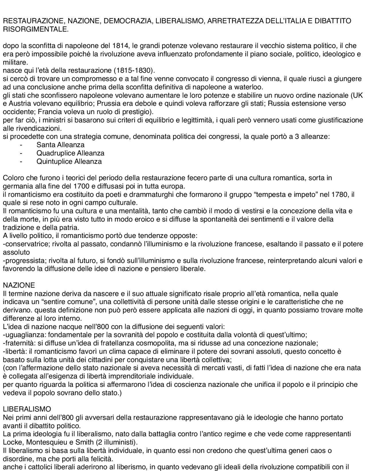 La restaurazione e i protagonisti del dibattito risorgimentale - Docsity