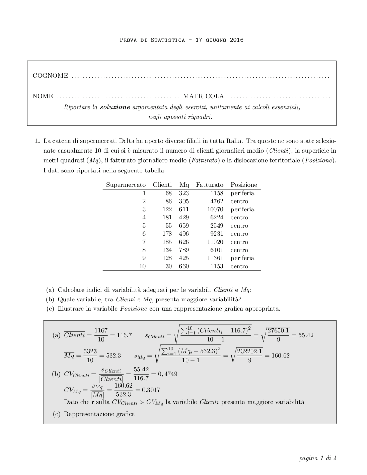 Prova Desame Statistica Docsity