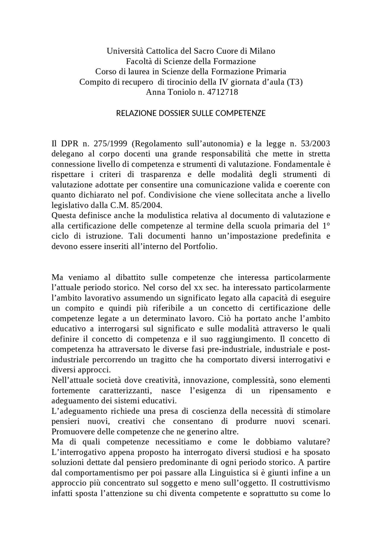 Commento personale su competenze - Docsity