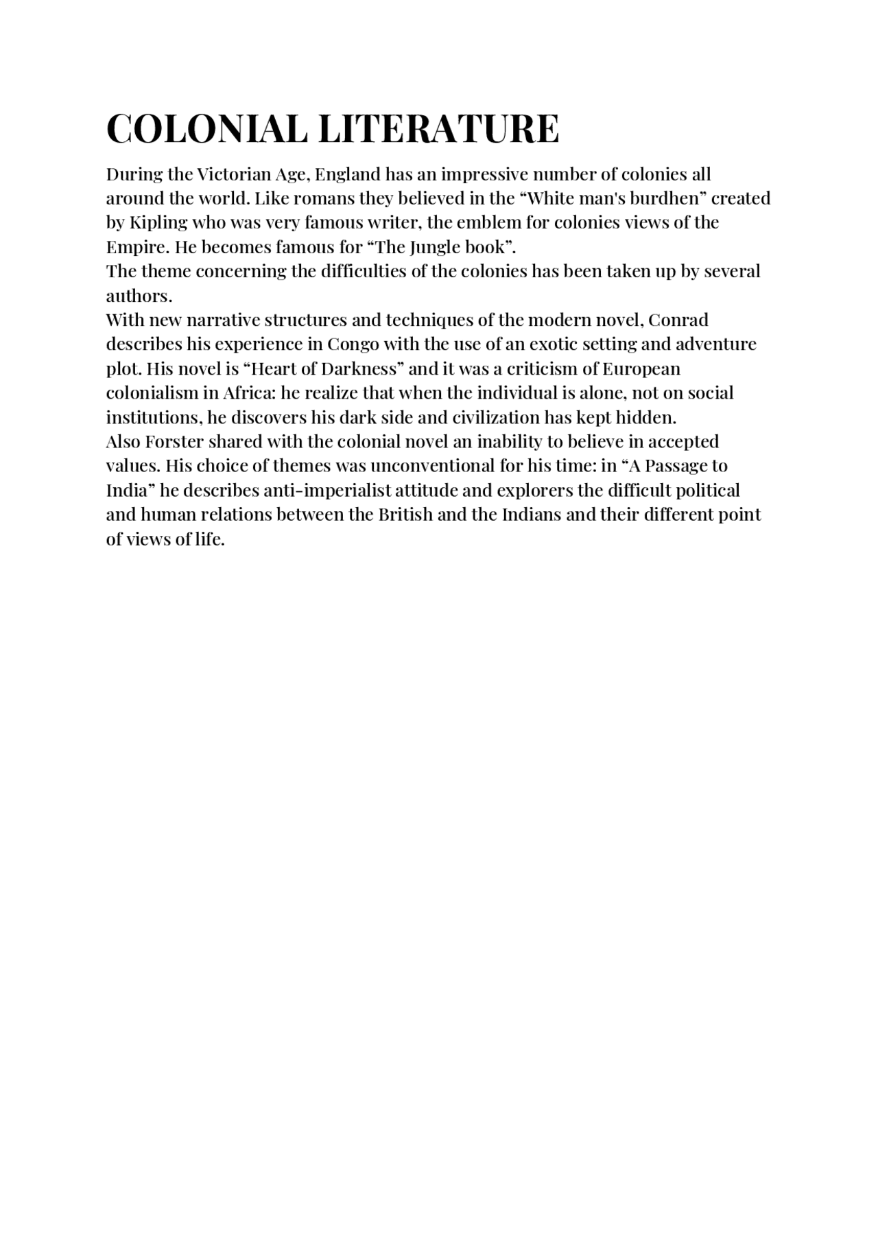 Colonial literature - SINTESI - Docsity